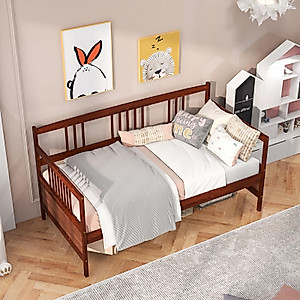 Giantex Twin Daybed Frame, Wooden Sofa Bed Guest Bed with Rails & Wood Slat Support, Dual-use Twin Size Platform Bed Frame for Living Room Bedroom, No Box Spring Needed, Cherry