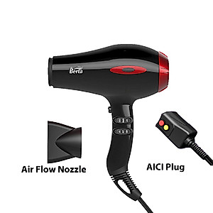 BERTA 1875W Professional Salon Hair Dryer Negative Ionic Blow Dryer, 2 Speed 3 Heat Settings Cool Button with AC Motor, Concentrator Nozzle & Diffuser