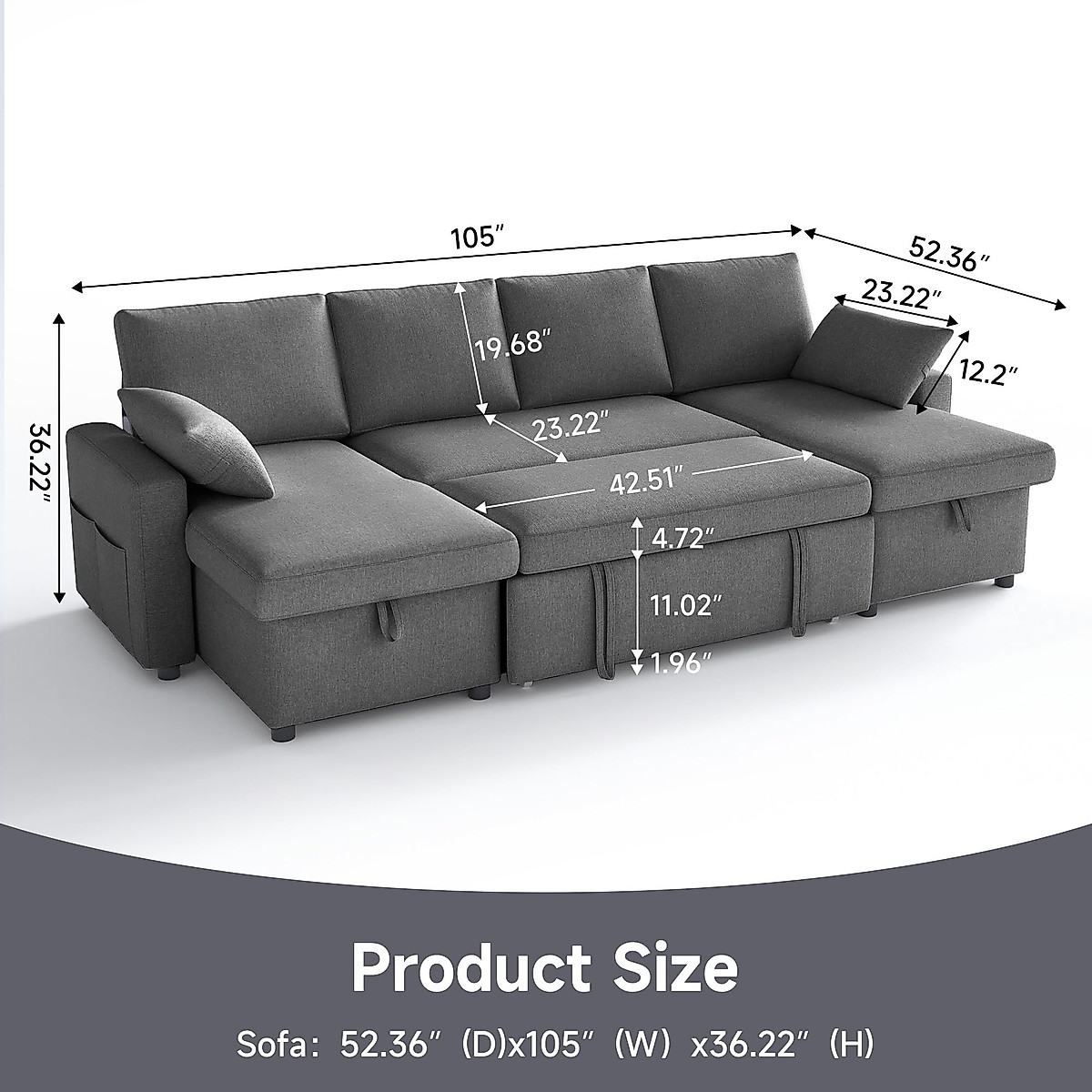 Winlice 4-in-1 Sofa Bed, U Shaped Sleeper Sofa with Pull Out Bed and Double Storage Chaise Sectional Couch for Living Room, Apartment and Hotel, Dark Gray