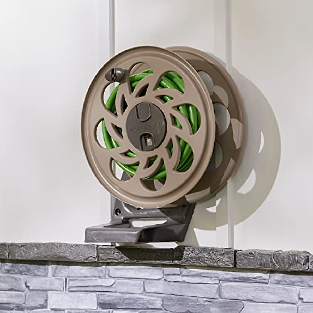 Suncast CPLSTA125B 125-Foot Sidetracker Garden Guide Side Tracker 125 ft. Brown Wall Mounted Hideaway Hose Reel, No Size, Taupe