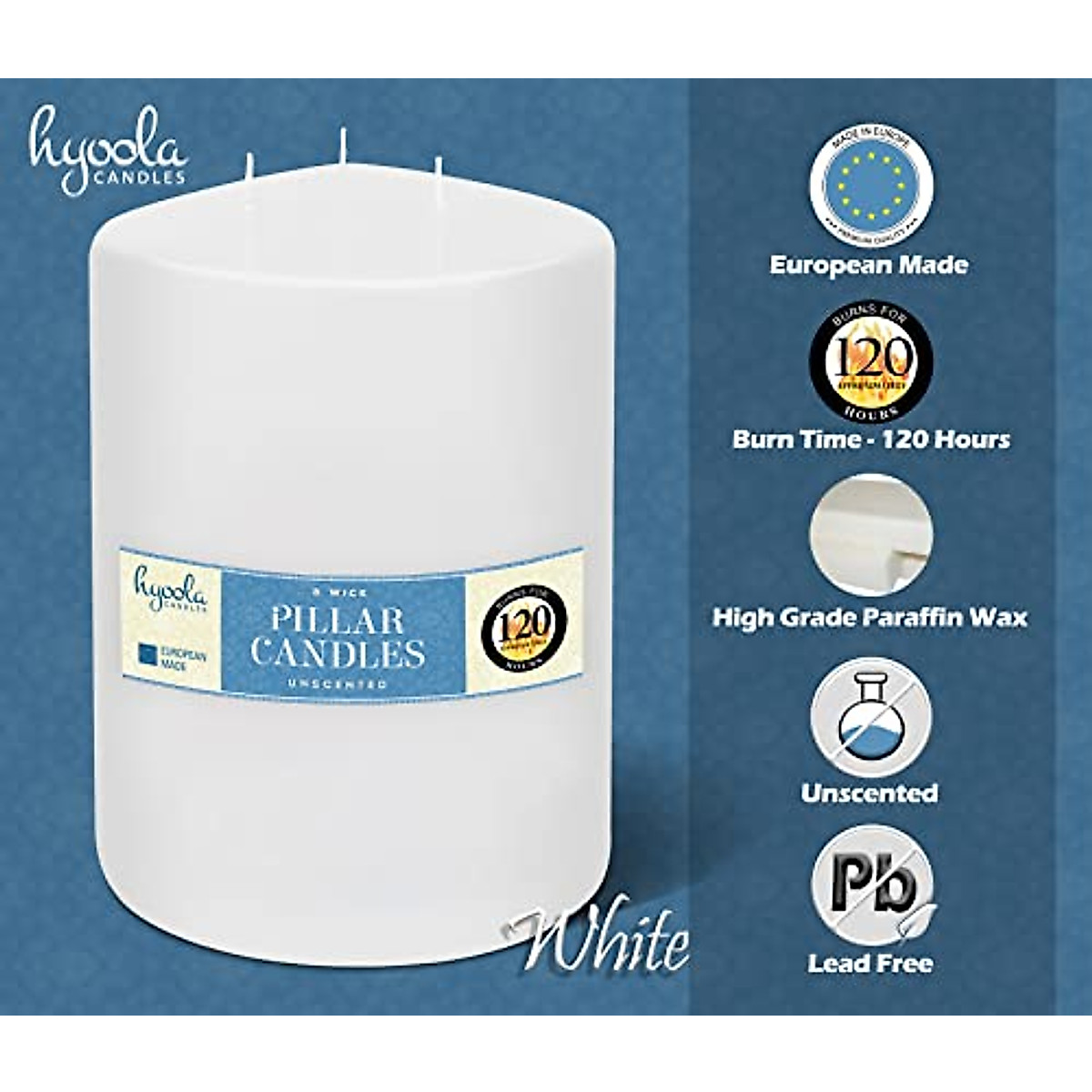 HYOOLA White Three Wick Large Candle - 4.75 x 8 Inch - Unscented Big Pillar Candles - 120 Hour - European Made