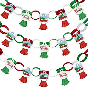 Big Dot of Happiness Merry Little Christmas Tree - 90 Chain Links and 30 Paper Tassels Decoration Kit - Red Truck and Car Christmas Party Paper Chains Garland - 21 feet