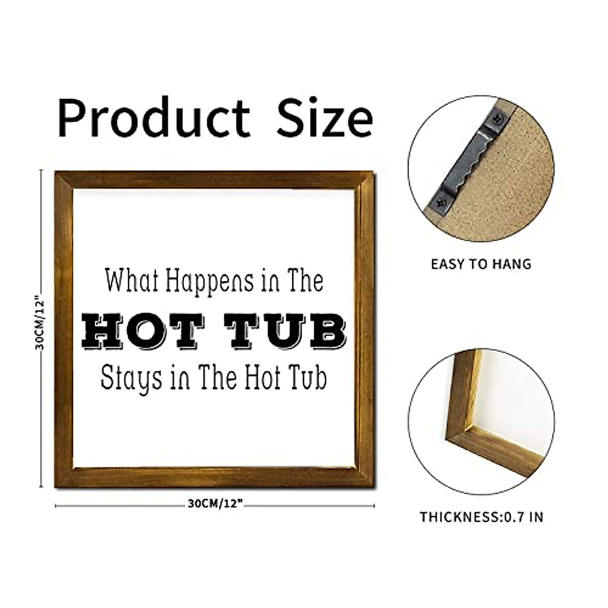 What Happens in The Hot Tub Wooden Framed Signs Lettering Saying Wood Plaque Classic Wall Decor Hanging Plaque Sign for Home Front Door Porch Garden Yard Housewarming Gift 12x12 Inch