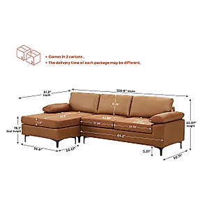 VANOMi 100" Sectional Sofa, Faux Leather Mid-Century Modern Reversible Couch, L Shaped 3-Seat Sofa Couch with Chaise for Living Room, Brown