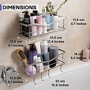 KINCMAX Shower Shelves 2-Pack - Self Adhesive Caddy with 4 Hooks - No Drill Large Capacity Stainless Steel Wall Shelf - Aesthetic Organizer for Inside Bathroom - Polished Silver