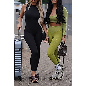 PRETTYGARDEN Women's Summer Bodycon Jumpsuits Casual Sleeveless One Piece Stretchy Tank Slim Fit Romper (Pants Black,Medium)