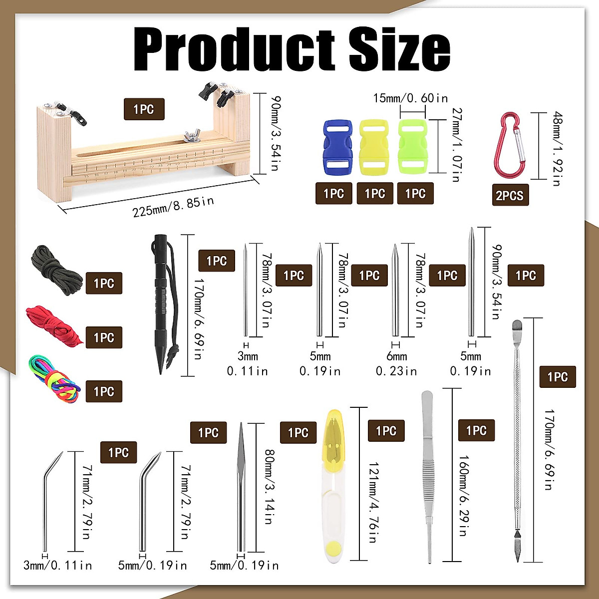 Wokape 21Pcs Paracord Bracelet Jig Kit with Knotters Tool Set, Stainless Steel Lacing Needles Smoothing Tool Knotter with Spike, Paracord Stitching Set for Paracord Leather Weaving DIY Craft