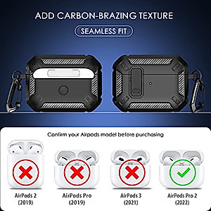 RFUNGUANGO AirPods Pro 2nd Generation Case Cover with Cleaner Kit, Military Hard Shell Protective Armor with Lock for AirPod Gen 2 Charging Case 2022, Front LED Visible,Black