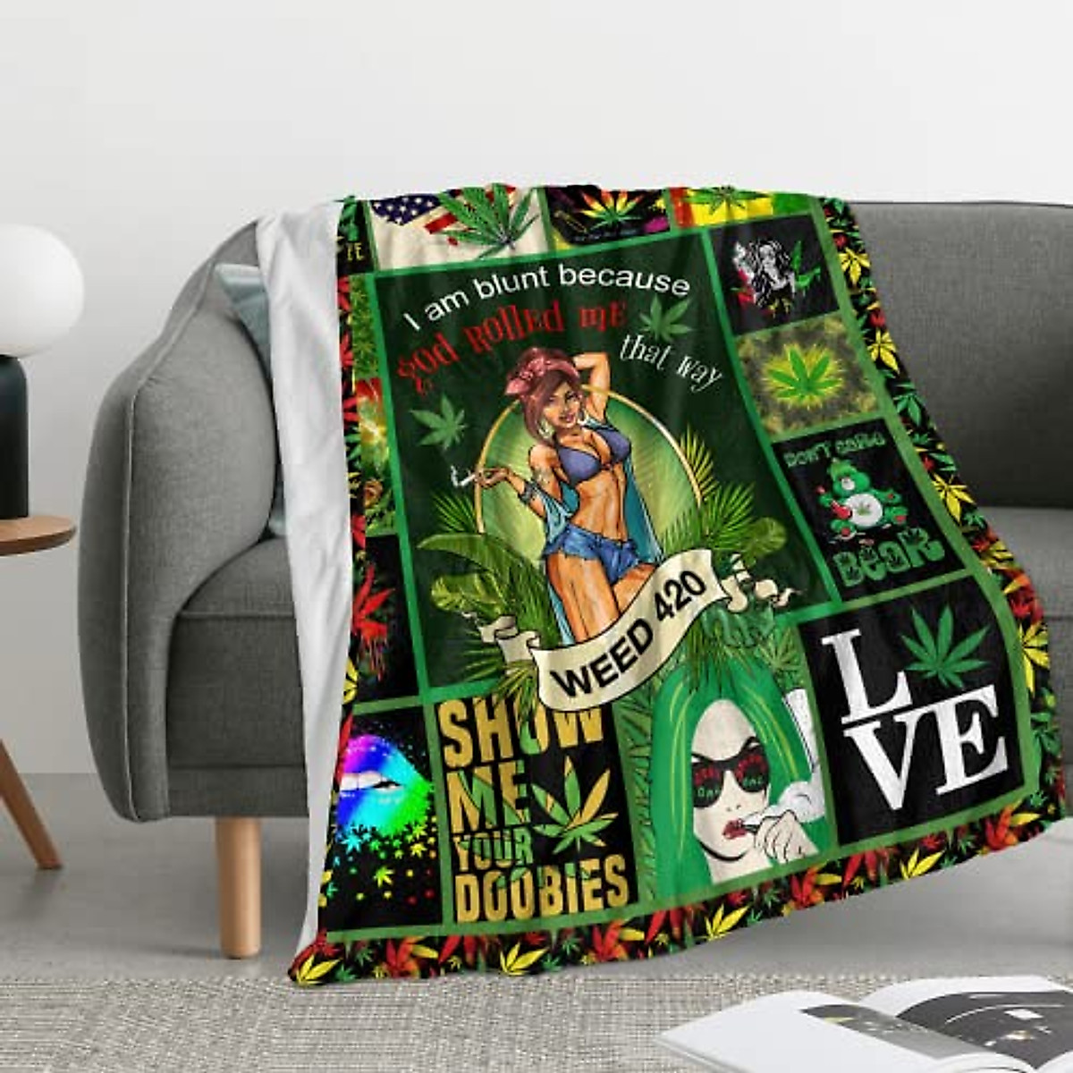 Socira Weed Blanket, Marijuana Gifts Flannel Sherpa Blanket, Large Leaf Blanket Soft Bed Blanket,Cozy Fleece Throw Blanket for All-Season,Weed Stuff Sheets for Bedroom Living Room 60''X80''
