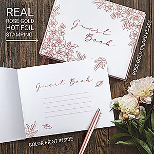 Floral Wedding Guest Book, Wedding Guestbook with Gold Pen, Guest Book Wedding Rose Gold Stamping, Bridal Shower Guest Book Rose Gold Paper Edge, Wedding Guestbook Alternative, Guestbook Wedding