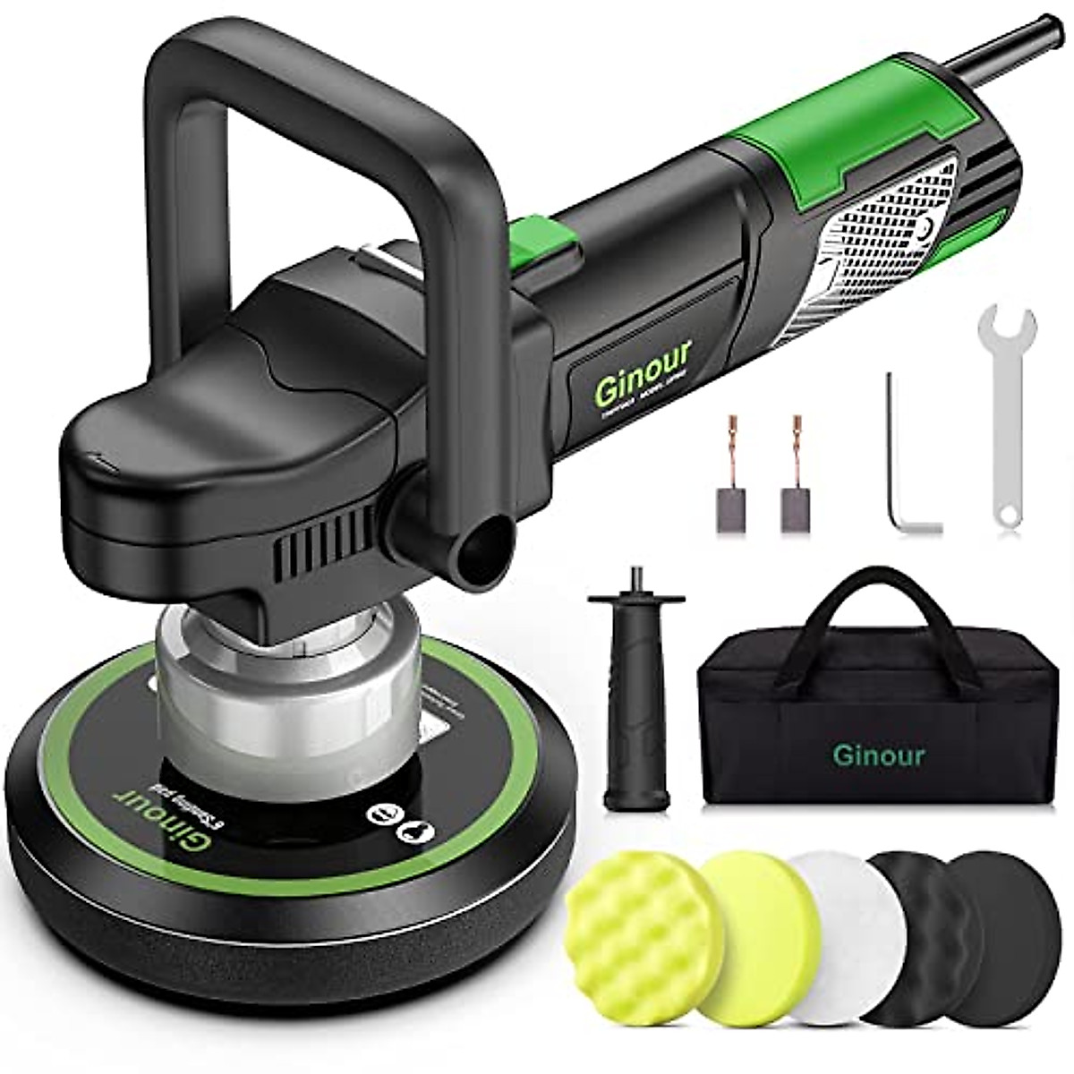 Ginour Buffer Polisher, 6 inch Dual Action Buffer for Car Detailing, Variable Speed Random Orbital Car Buffer with 2 Handles, 5 Buffing Pads & Packing Bag