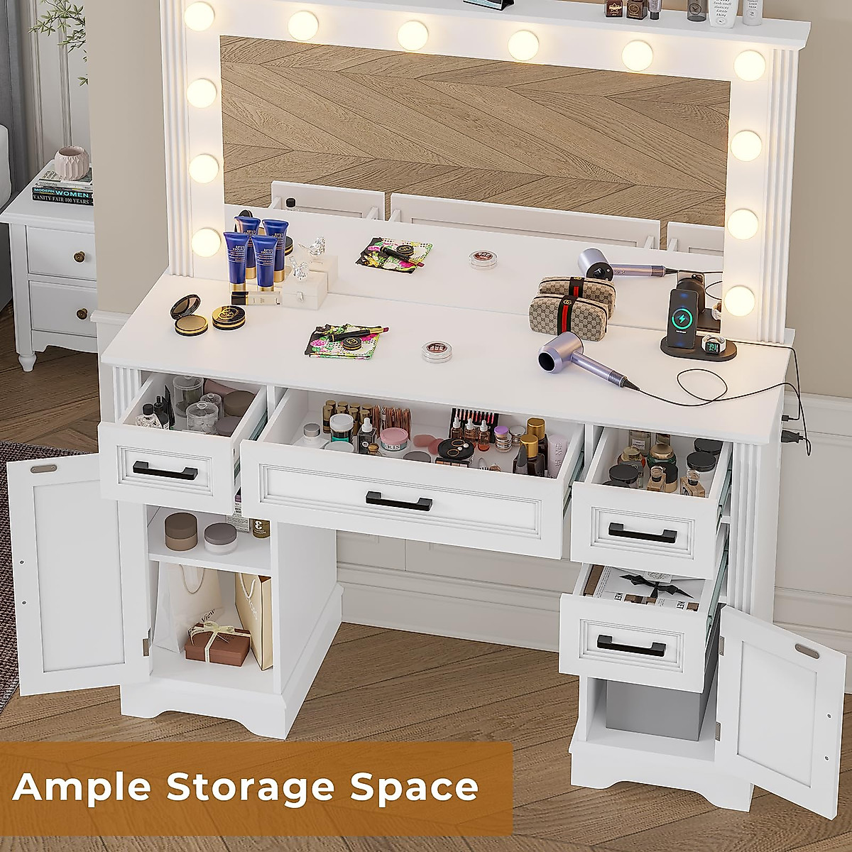 BTHFST Large Vanity Desk with Oversized Mirror & Hollywood Lights, Makeup Vanity with Charging Station, Modern Makeup Desk with 4 Drawers & 2 Storage Cabinets, White