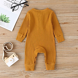 Lelloing Newborn Baby Boy Long Sleeve Romper Infant Girls Solid Color Footed Onesie Ribbed Jumpsuit Unisex Basic Pajamas (0-3M,Romper-Brown)