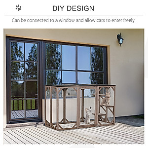 PawHut Outdoor Cat House, Catio Wooden Feral Cat Shelter, Cat Cage with Platforms, Large Enter Door, Weather Protection Asphalt Roof, 71" L, Brown