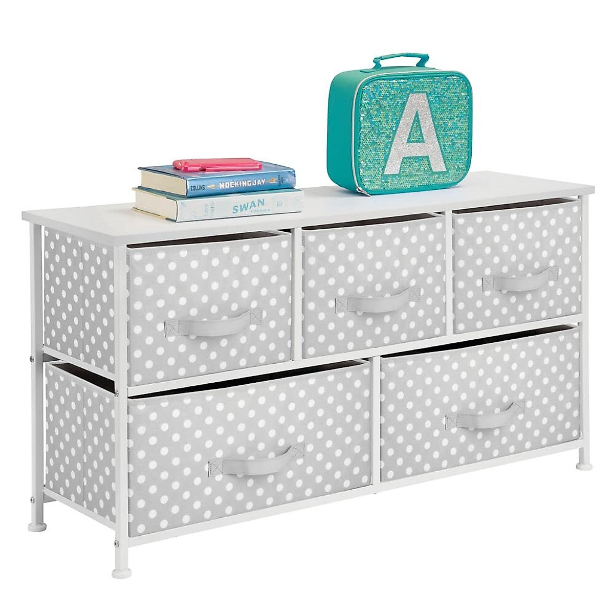 mDesign 21.65" High Steel Frame/Wood Top Storage Dresser Furniture with 5 Fabric Drawers, Wide Bureau Organizer for for Baby, Kid, and Teen Bedroom, Nursery, Playroom, Dorm - Gray/White Polka Dot