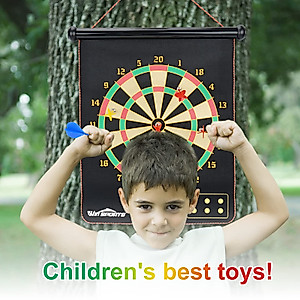 WIn SPORTS Magnetic Dart Board Kids Game,Two Sided Roll Up Dartboard,Indoor Outdoor Game,15 Inch Kids Darts Board,Includes 12 Magnetic Safe Darts,Easily Hangs Anywhere