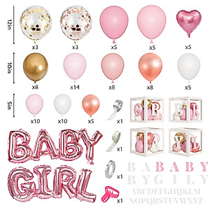 Amandir 137PCS Baby Shower Decoration for Girl Rose Gold Pink Balloon Garland Kit 4PCS Baby Balloon Block Boxes with Letters for Birthday Party Supplies Gender Reveal Decor