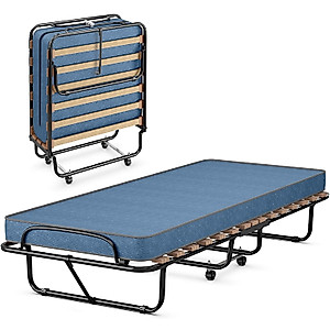 HAPPYGRILL Fold Away Bed, Fold Up Bed with Comfortable Memory Foam Mattress, 4 Universal Wheels, Sturdy Steel Frame,Potable Fold Up Bed for Home & Office, Folding Bed