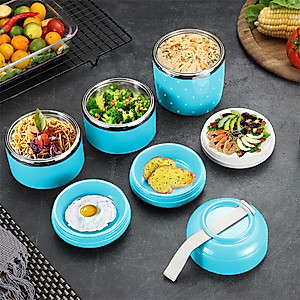TiLeMiun 3-Tier Thermal Lunch Box For Food, Portable Insulated Lunch Container, Stackable Bento Lunch Box For Aldults To Work, Leakproof Stainless Steel Food Container With Bag & Utensils (Blue 71oz)