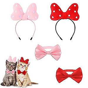 Whaline 4 Pack Valentines Day Pet Headbands and Bow tie Collar Set Cute Red Pink Polka Dot Pet Costume Accessory for Cat Puppy Rabbit Birthday New Year Valentine Party Wedding Costume Photo Prop
