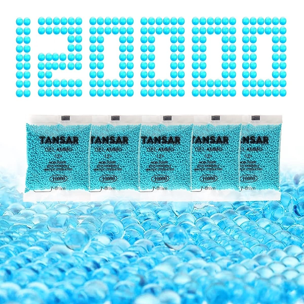 TANSAR Gel Ball Blaster Ammo Splat Orby Gun Refill(7-8 mm,12 packs,10,000 Pieces Per Pack), 7.5mm Gel Splatter Bullets, Compatible with Gel Gun Blaster, for Ages 14+