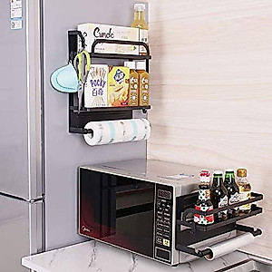 PENGKE Magnetic Spice Rack Organizer 2 Tier Refrigerator Storage Shelf with Paper Towel Holder and Removable Hooks,Strong Rustproof Magnetic Shelf,Black