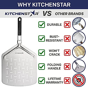 KitchenStar Perforated Stainless Steel Pizza Peel with Folding Handle (13 x 16.5 Inches) for Oven Pizza Turning, Placement and Retrieving - Professional Baking Tools Series