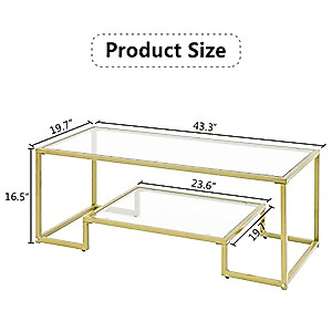 Alohappy Glass Coffee Table Modern Rectangular Coffee Table with 2-Tier Storage Shelf and Sturdy Metal Frame Center Table Easy Assembly for Living Room