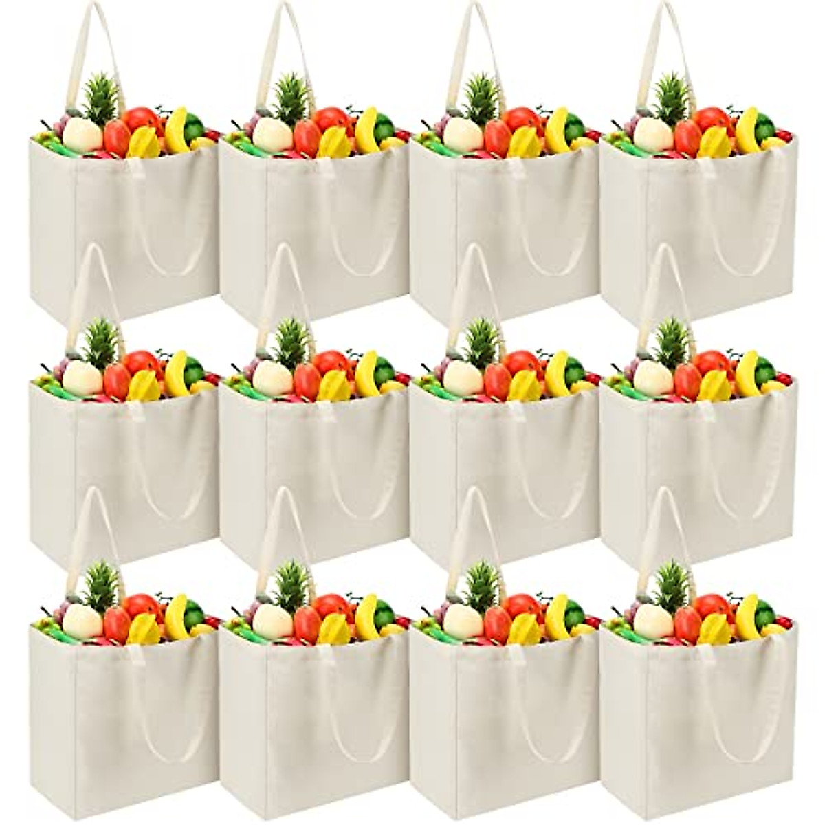 12 Pieces Canvas Grocery Bag Large Blank Tote Bags, Reusable Canvas Shopping Bag with Long Handle White Washable Foldable Plain Natural Heavy Duty Totes Bags Bulk for Kitchen, 14 x 14 x 7.9 Inch