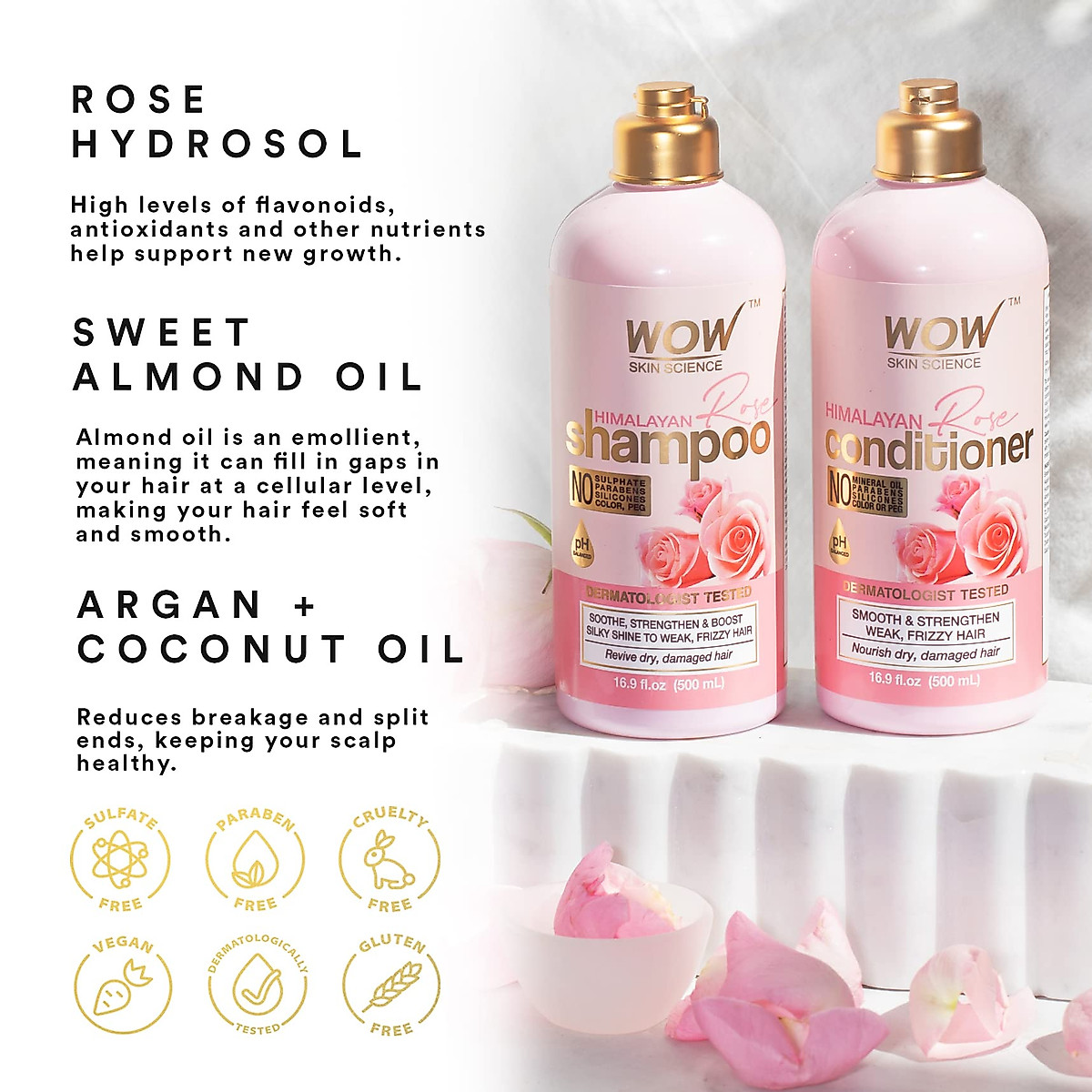 WOW Skin Science Himalayan Rose Hair Shampoo & Conditioner for Dry Damaged Hair - Hydrating Hair Repair (Set 16.9 Fl Oz (Pack of 2))