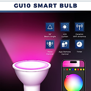 Lightinginside GU10 Smart Light Bulbs 50W Equivalent, 38°Beam Angle, Smart Bulb Compatible with Alexa/Google Assistant/Smart Life, 5W 420LM, RGBCW Spotlight Track Light, 2.4GHz WiFi, ETL Listed, 4PCS