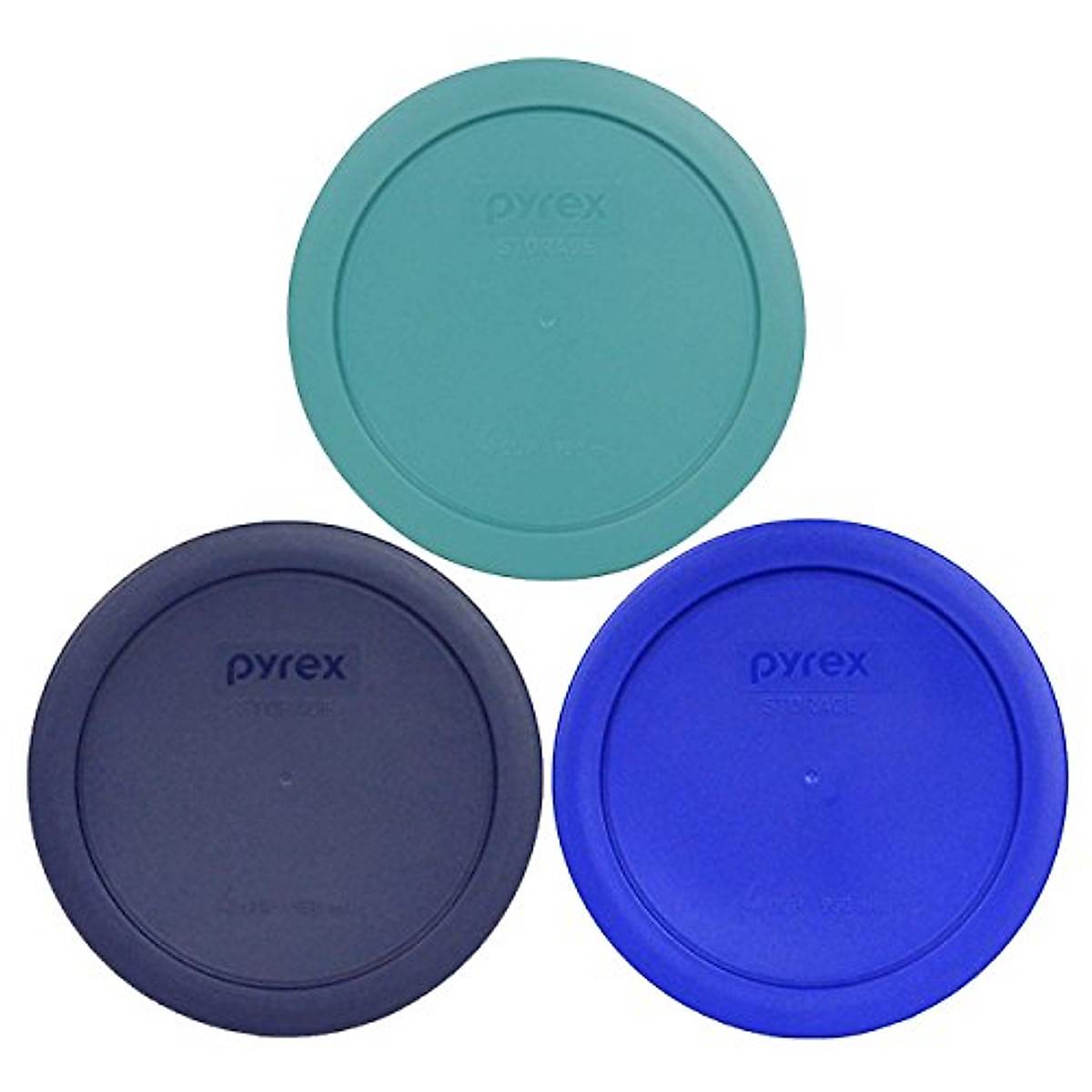 Pyrex 7201-PC 4 Cup (1) Turquoise, (1) Cobalt Blue, & (1) Dark Blue Round Plastic Storage Lids, Made in USA
