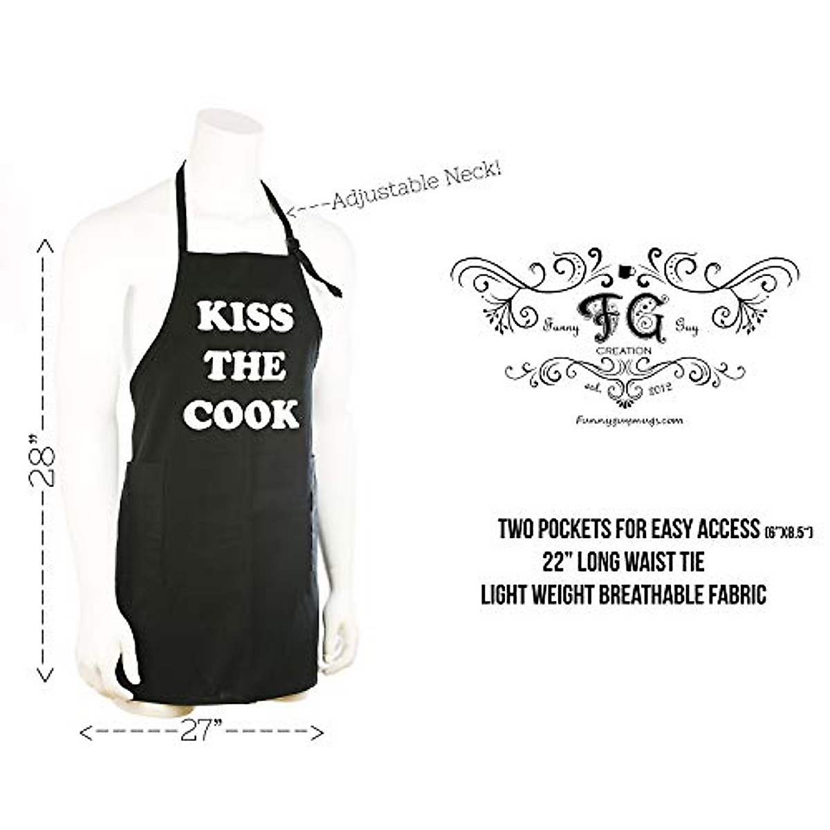 Funny Guy Mugs Kiss The Cook Adjustable Apron with Pockets - Funny Apron for Men & Women - Perfect for Kitchen BBQ Grilling Barbecue Cooking Baking
