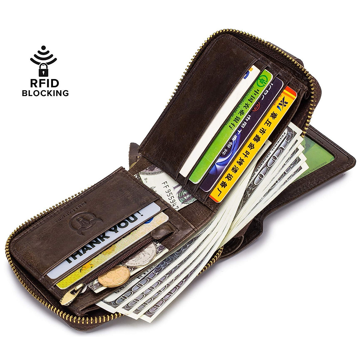 BULLCAPTAIN Mens Genuine Leather Zipper Wallet RFID Blocking Bifold Zip Around Multi Credit Card Holder,Big (brown)