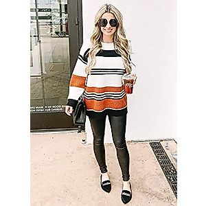 KIRUNDO 2023 Fall Winter Women's Striped Color Block Short Sweater Long Sleeve Crew Neck Casual Loose Knit Pullover Tops(Medium, 1977-Orange)