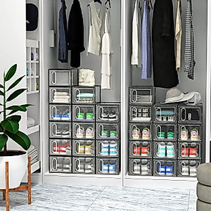 Hrrsaki XX-Large 12 Pack Shoe Storage Boxes, Shoe Boxes Clear Plastic Stackable, Shoe Organizer Boxes with Lids, Shoe Container Boxes for Closet, Black