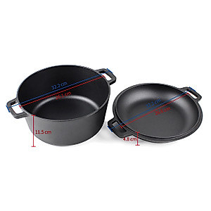 Cast Iron Dutch Oven with Skillet Lid - 10.23” diameter, 5 qt - Multi Cooker Stock Pot For Frying, Cooking, Baking & Broiling + 2 silicone potholders