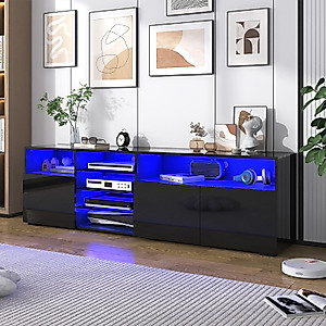 Vinctik 6&Fox High Glossy LED TV Stand for 65 inch TV,Modern White Entertainment Center/White TV Stand with Adjustable Storage Shelf,RGB LED 20 Color Lighting,Smart Modern TV Cabinet(63inch, Black)