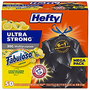 Hefty Ultra Strong Multipurpose Large Trash Bags, Black, Fabuloso Lemon Scent, 30 Gallon, 50ct