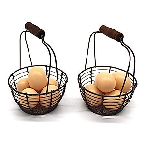CVHOMEDECO. Metal Wire Mini Egg Baskets Rust Gathering Baskets with Wooden Handle Country Vintage Style Storage Baskets. Set of 2