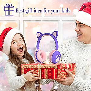 Kids Headphones, Wireless Cat Ear LED Light Up Bluetooth Headphones for Girls w/Microphone, Over On Ear Headset for School/Kindle/Tablet/PC Online Study Birthday Xmas Gift (Dark Purple)