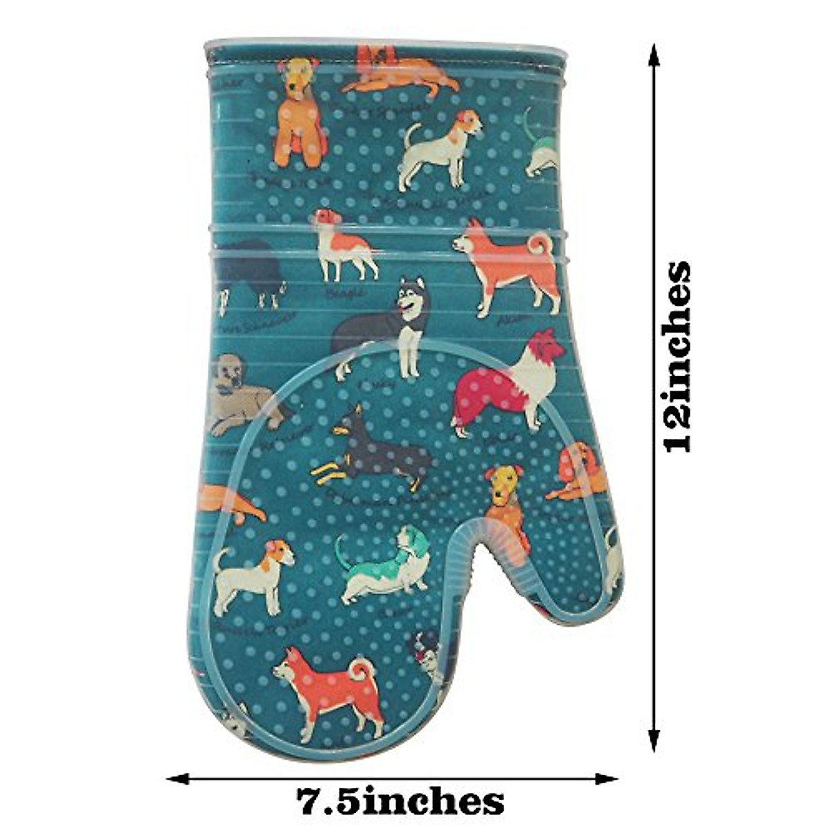 Oven Mitts Set of 2 with Transparent Clear Silicone Shell and Nice Dog Printing Cotton Lining, Heat Resistant to 500 F Kitchen Oven Gloves Pot Holder for Cooking (Blue)