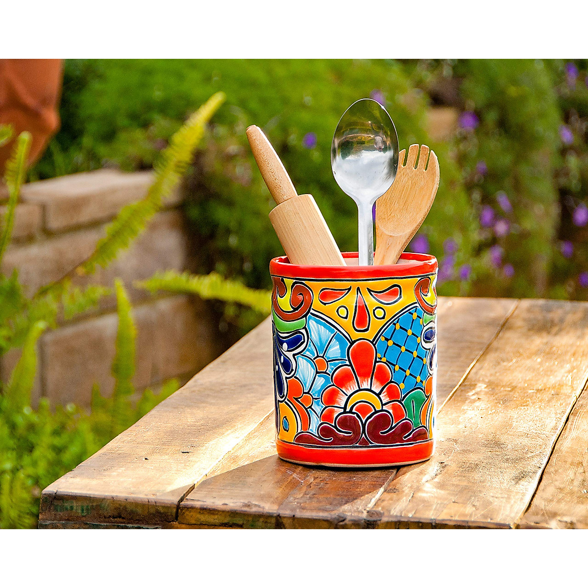 Enchanted Talavera Ceramic Large Utensil Holder Spatula Crock Kitchen Counter Organizer Mexican Pottery Utensils Tools Caddy Spoon Rest White Ceramic (Red Large (7.5" H x 6" W)