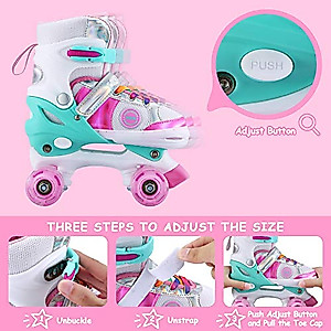 Kids Adjustable Roller Skates for Girls Boys Beginner, 4 Size Adjustable Roller Skates with Light Up Wheels and Colorful Shoelaces (Colorful Pink, Medium(2-5))