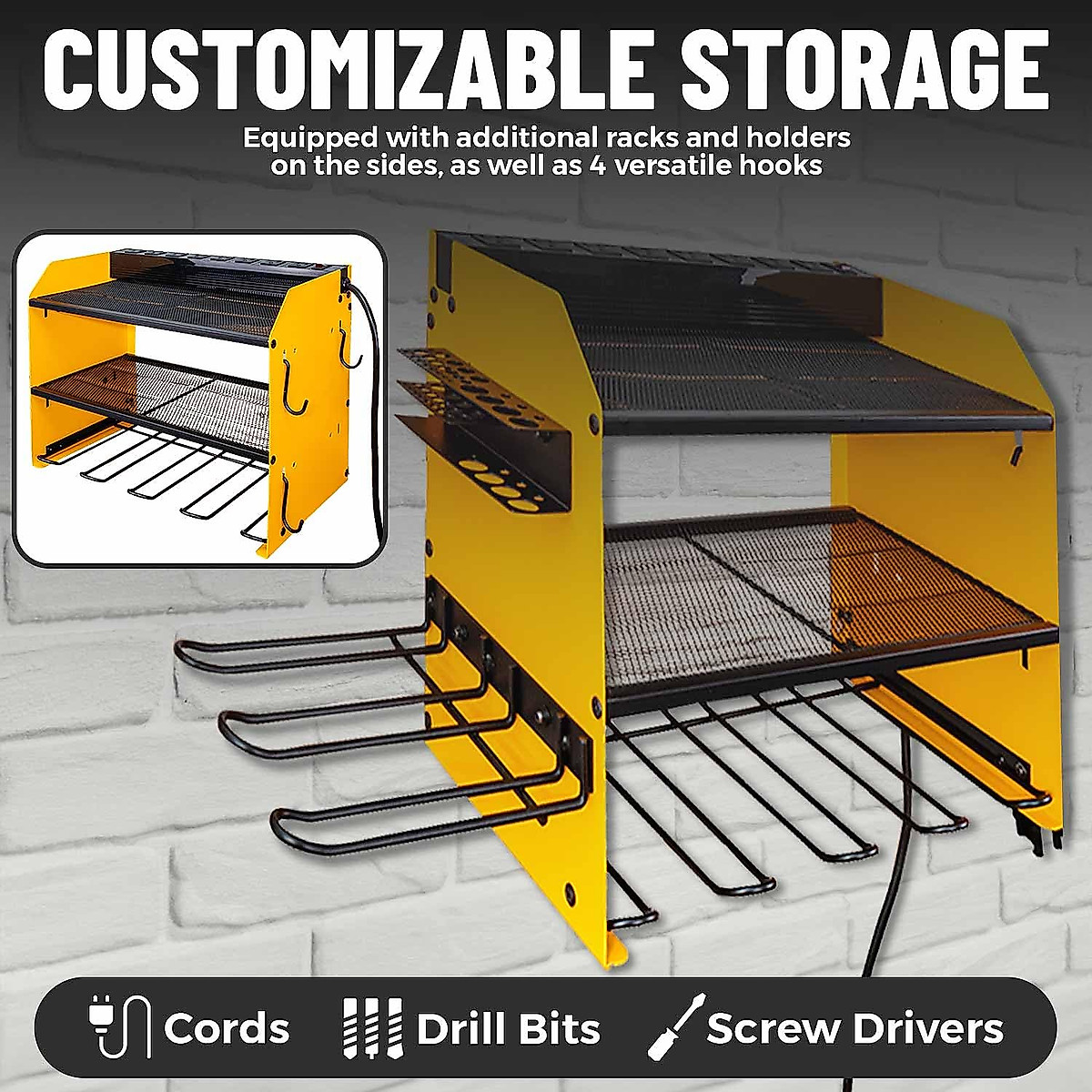 Power Tool Organizer with 6 Drill Holders – 8 Integrated Charging Outlets - Heavy Duty Wall Mounted Storage Rack for Drills, Cordless Tools, and Accessories – Multiple Hooks - Spacious Design
