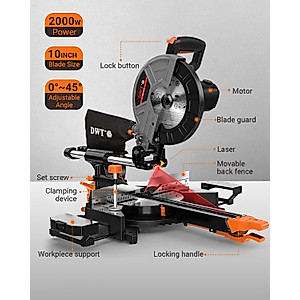 DWT Sliding Compound Miter Saw with 3 Blades, 15A 10", Double Speed (4500 RPM & 3200 RPM), Bevel Cut (0°-45°) with Laser, Extension Table, Iron Blade Guard, Cutting Wood, PVC or Soft Metal