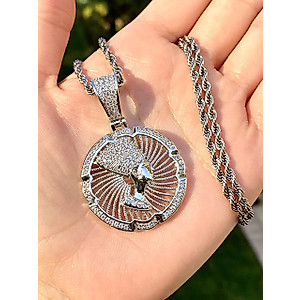 Men Women 14k White Gold Pl Ankh Cross Diamond Ankh Egypt Queen Nefertiti, Egyptian Eye of Horus in Pyramid Pendant Charm Pendant, Stainless Steel Real 2.5 mm Rope Chain, Iced Pendant (24)