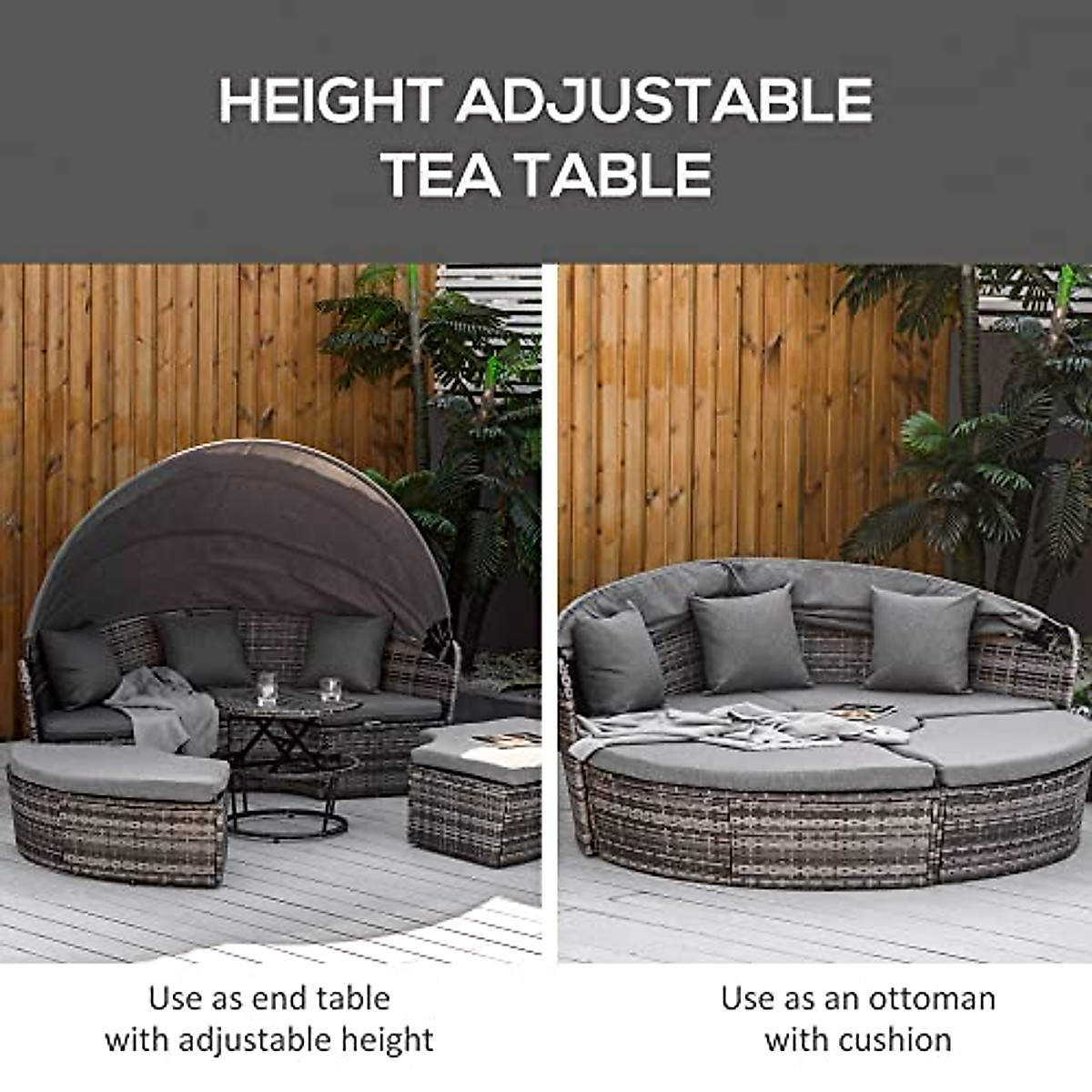 Outsunny 4pc Rattan Patio Furniture Set, Round Convertible Daybed or Sunbed, Adjustable Sun Canopy, Sectional Outdoor Sofa, 2 Chairs, Extending Tea Table, 3 Pillows, PE Plastic Wicker, Gray