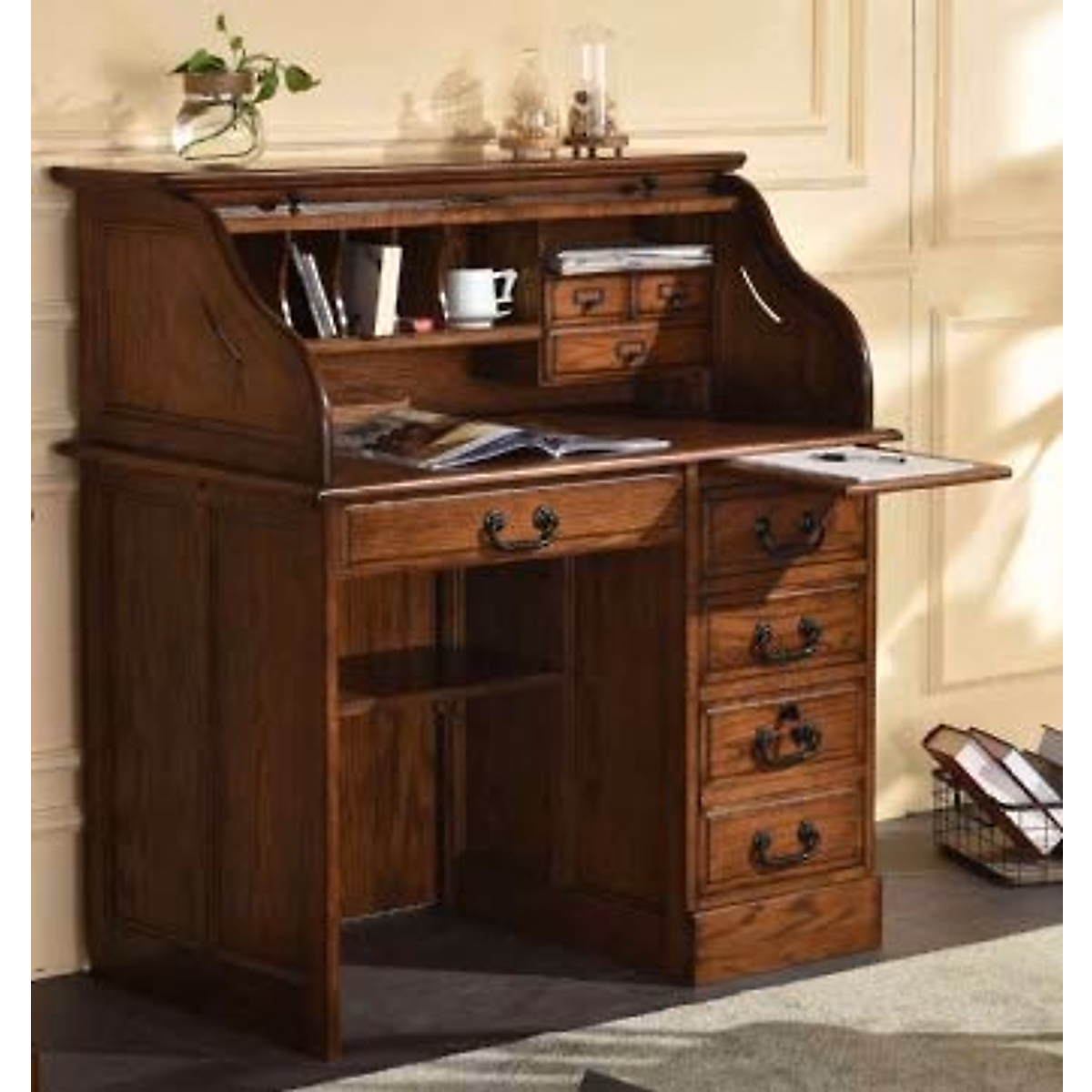 Small Home Office or Student Roll Top Desk- Solid Oak Wood Single Pedestal 40.5Wx24Dx45H BW Organizer Desk Quality Crafted Construction Locking File Drawers Dovetailed Secretary Desk Easy Assembly