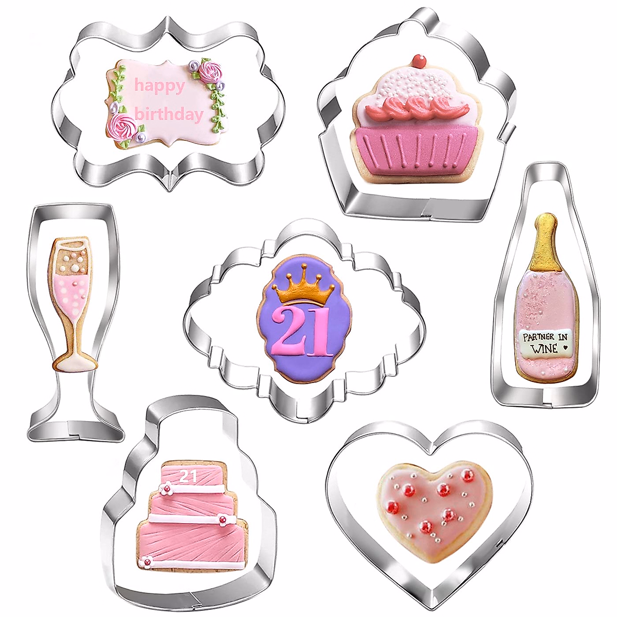 LUBTOSMN Celebration Cookie Cutter Set-7 Piece-Cake, Heart, Cupcake, Champagne, Wine Bottle, Plaque Cookie Cutter Mold for Birthday Wedding Anniversay Bridal Shower Engagement Cookie Cutters
